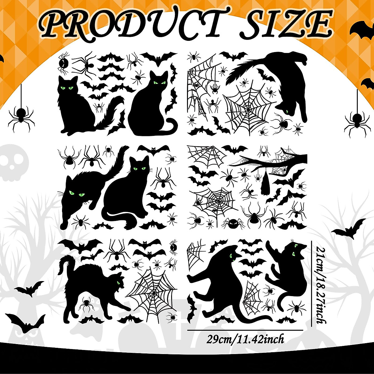 Chivertion 6 Sheets 101 Pcs Halloween Black Cat Wall Sticker Decoration Bats Spiders Web Scary Decals Removable Double Side Wall Window Sticker for Halloween Party Supplies