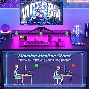 Besiost Gaming Desk with Lights, Reversible Computer Desk with Power Strips, 39.4 Inch Gaming Desk with Moveable Monitor Stand and Shelves, Small Desk for Small Spaces, PC Gaming Desk for Home, Black