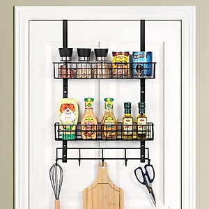NEX Over The Door Hooks Organizer Hanger, Coat Hooks Towel Rack with 2 Mesh Basket 5 Hooks Hanging Storage Spice Rack Rustproof for Bathroom Bedroom Kitchen Back of Door Storage Shelves, Black
