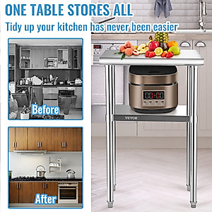 VEVOR Stainless Steel Prep Table, 24 x 18 x 36 Inch, 600lbs Load Capacity Heavy Duty Metal Worktable with Adjustable Undershelf & Feet, Commercial Workstation for Kitchen Restaurant Garage Backyard