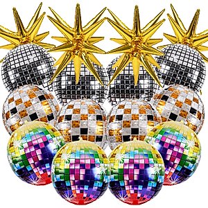 RUBFAC 16 Pcs Disco Ball Balloons for Party Decorations, Multicolor & Silvery Disco Balloons with Huge Gold Explosion Star Aluminum Foil Balloons for Birthday, Bachelorette Party, 70s 80s 90s Theme