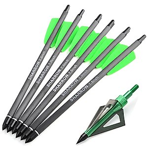 ZSHJGJR 7.5" Crossbow Bolts Carbon Arrows with 2 inch Green Vanes and 100 Grain Removable Tips for Outdoor Hunting Bow Shooting Practice 6/12 Pack (6pcs arrows + 6pcs broadheads)