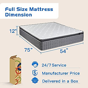 MICOOLS Full Mattress,12 inch Hybrid Mattress in a Box Memory Foam Breathable Comfortable,Motion Isolation Individually Wrapped Coils,Euro Top Medium Firm Full Size Mattress