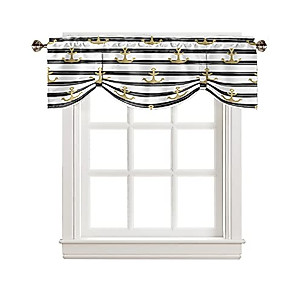 OneHoney Tie Up Curtain Valances Window Topper,Shade Valance for Kitchen Windows Nautical Theme Gold Anchor Rod Pocket Tie-up Curtains Window Treatment Drapes Black White Stripes 1 Panel-42 x18