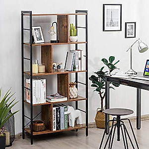 Giantex 4-Tier Bookshelf, Industrial Style Bookcase with Metal Frame, Free Standing Storage Display Shelves, Home Office Study Storage Rack Shelves with Dividers, Wood Shelving Unit (Rustic Brown)