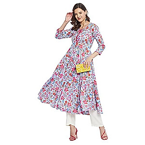 Tissu Women's Rayon Light Blue & Pink Printed A-Line Kurta 2156_Light Blue_XS