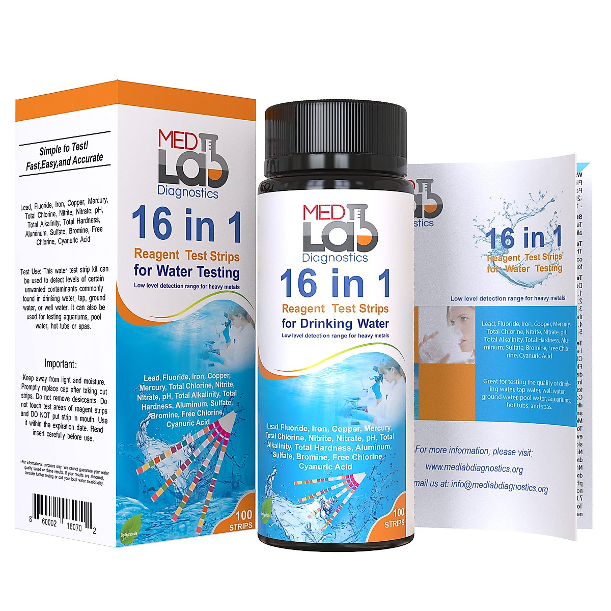 16 in 1 Drinking Water Test Kit Strips, 100 cnt. Home Water Quality Test for Tap Water, Pool, Spa. Strips for Water Hardness, Total Chlorine, Mercury, Lead, Aluminum, Fluoride, Iron, pH and More