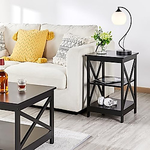 Yaheetech Black End Table Set of 2, 16x16x24 in Sturdy 3-Tier Side Tables with Storage Shelf & Solid Wood Legs, 2Pcs X-Design Modern Sofa Side Table for Living Room Office, Easy Assembly