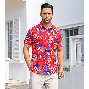 Fanient Button Down Shirt for Mens USA Flag Hawaiian Shirt Summer Beach Aloha Shirts Casual Novelty Slim Fit Patriotic Button Up Shirt M