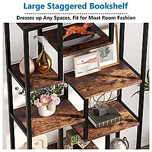 LITTLE TREE 70.8 Inches Tall Bookshelf, Industrial Bookcase for Home Office, Rustic Brown 8-Shelves Wood and Metal Frame Display Shelf Open Storage Organizer Shelves