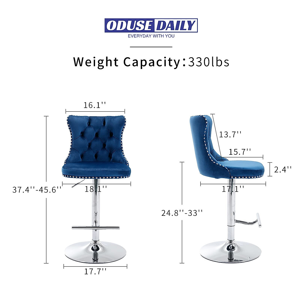 ODUSE-DAILY Velvet Swivel Bar Stools Set of 2, 25-33 Inch Height Adjustable, Counter Height Bar Stools with Back, Bar Chairs for Counter Height Bar Height Kitchen Island (Chrome, 2 Blue)
