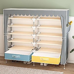 LEAIJIAFY Double Row 6 Tier Shoe Rack Storage Organizer with Cover and 2 Drawers,Portable Standing Shoe Shelf for Garage EntrywaySmall Spaces,16MM Metal Tubes,Gray