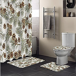 Infinidesign Shower Curtain Sets with Non-Slip Rugs Bath Mat Toilet Lid Cover and 12 Hooks Waterproof Fall Pinecone Bath Sets Autumn 4Pcs 36x72 Inch
