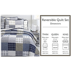 Cozy Line Home Fashions Benjamin Cute Dinosaur Plaid Navy Blue White Grey Bedding Quilt Set 100% Cotton Reversible Coverlet Bedspread Set for Kids Boy(Twin - 2 Piece)