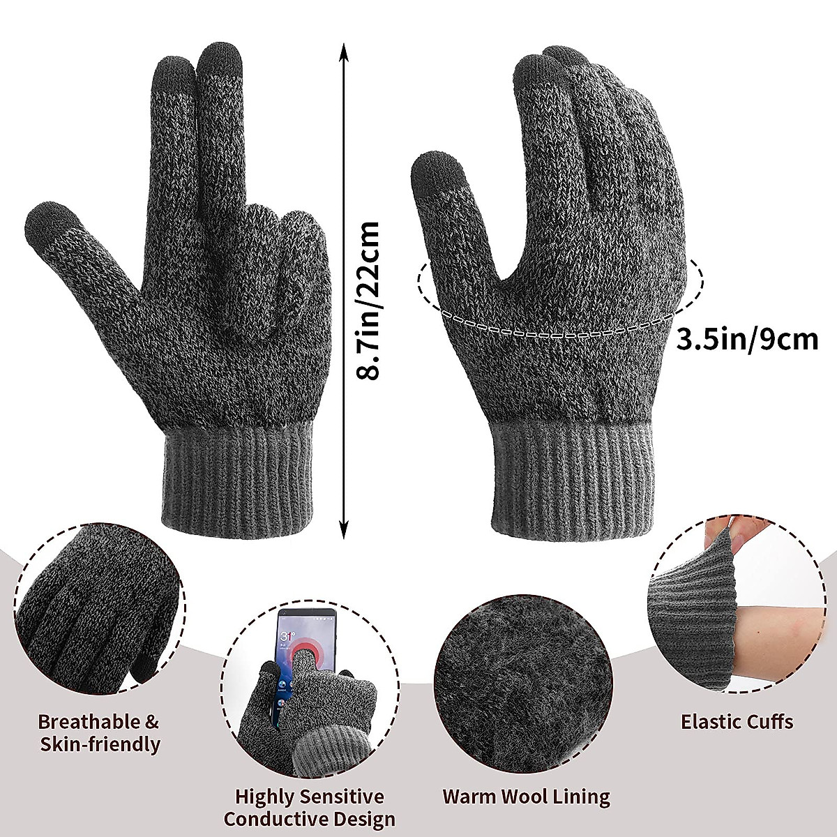 SATINIOR Winter Hat Scarf Socks Touch Screen Gloves Ear Warmer Sets Women Men Fleece Lined Knit Beanies Winter Favor Gifts(Grey)