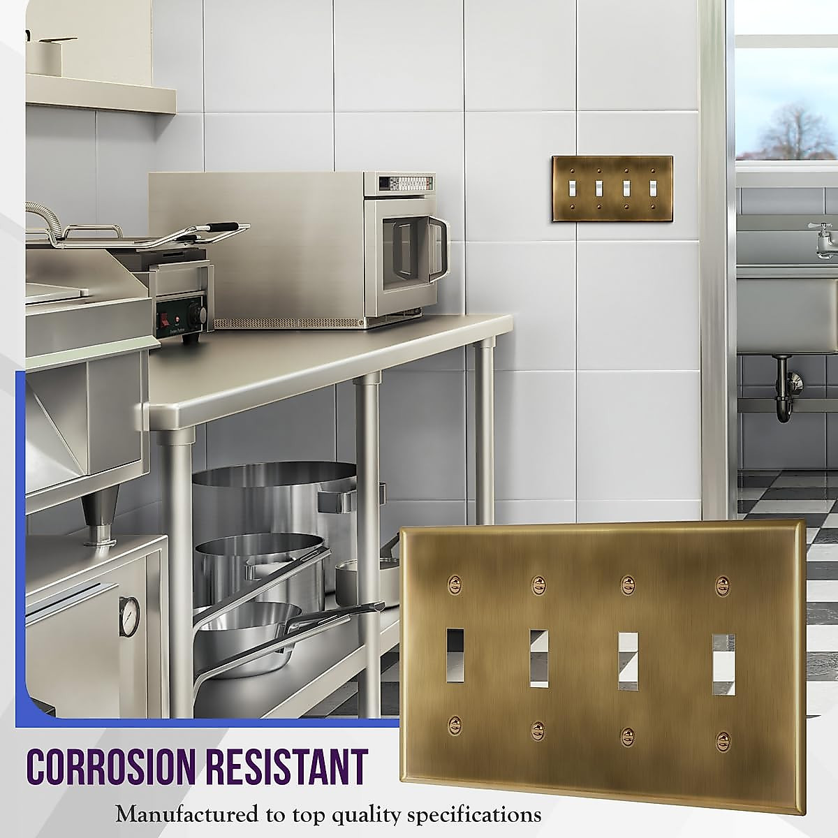 ENERLITES Quad Toggle Light Switch Metal Cover Plate, Stainless Steel Wall Plate, Corrosion Resistant, Standard Size 4-Gang 4.50" x 8.19", Stainless Steel 201, 7714-AB, Antique Brass