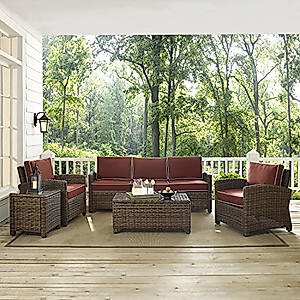 Crosley Furniture Bradenton 5-Piece Outdoor Sofa Patio Furniture Set, Wicker Conversation Sets for Porch, Brown with Sangria Cushions