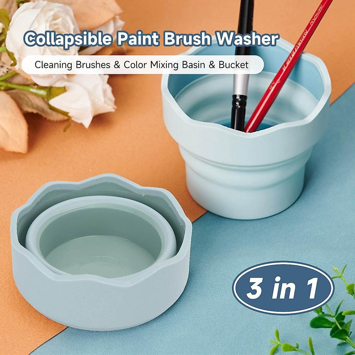FLEXMAN Collapsible Paint Brush Washer, Portable Silicone Washing Bucket Brush Holder for Camping, Hiking, Watercolor Oil Painting, Pen Wash Container (Blue)
