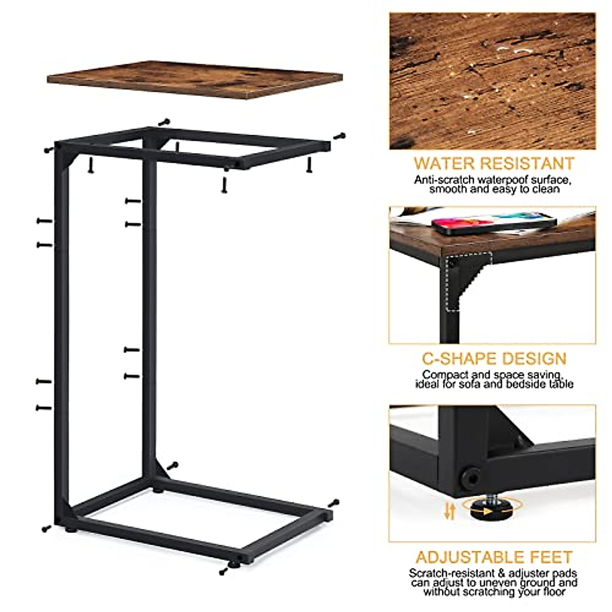 Nandae C Shaped End Table Set of 2, Sofa Table Snack Table Tray Side Table Bedside Table with Metal Frame for Laptop, Snack, Sofa Couch, Bed Living Room Bedroom, Rustic Brown