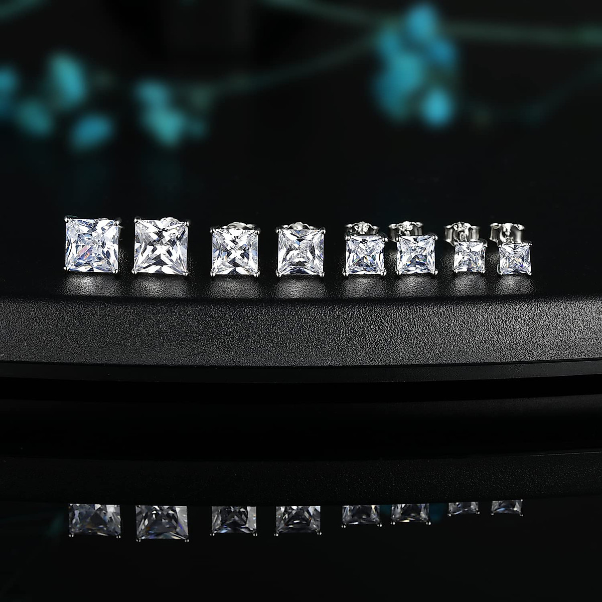 4 Pairs 925 Sterling Silver Square Stud Earring Set, 18K White Gold Plated Princess Cut Clear Cubic Zirconia Hypoallergenic Earrings Pack for Women and Men