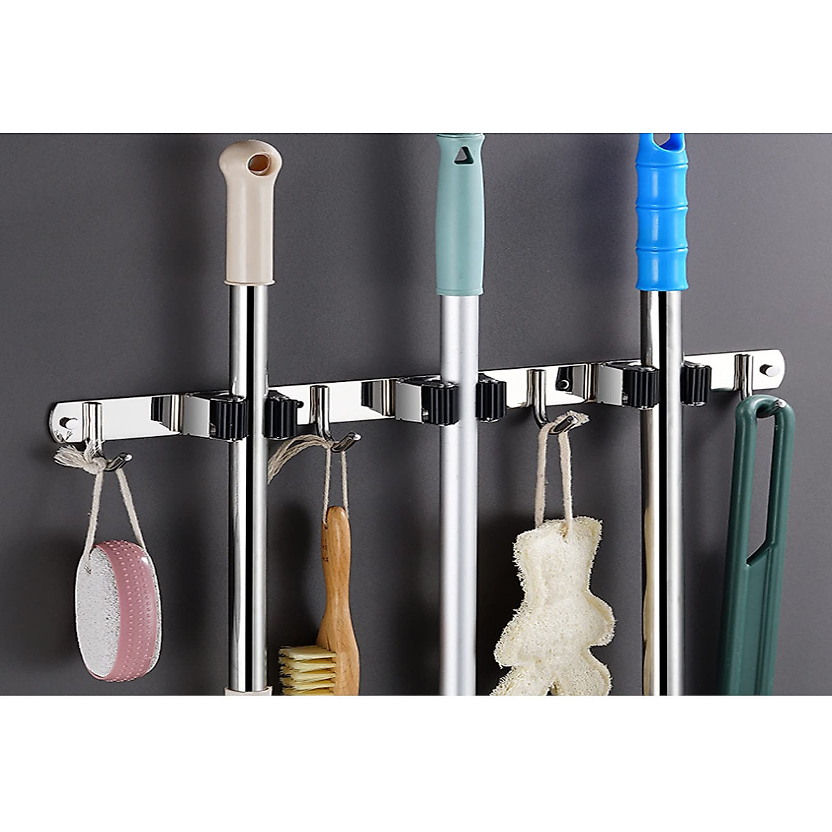 Broom and Mop Holder Wall Mount Organizer 17" Organize Stainless Steel Holder for Kitchen Bathroom Garden Garage Organization Heavy Duty Tools Hanger with 3 Racks 4 Hooks (Black)