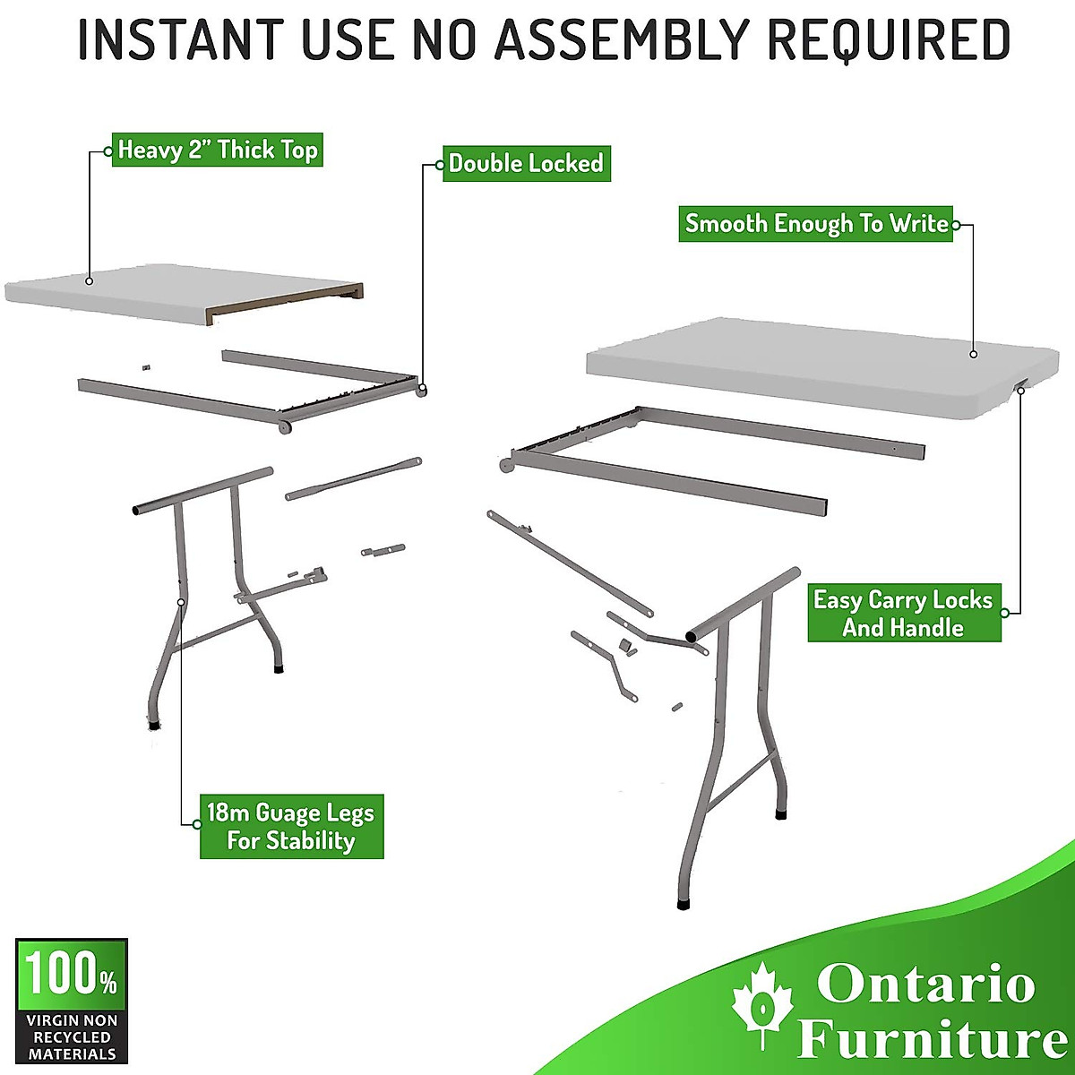 Ontario Furniture 6 Foot Plastic Folding Table - Folds in Half with Carrying Handle Rectangular - Lightweight and Portable - White Resin with Sturdy Steel Frame