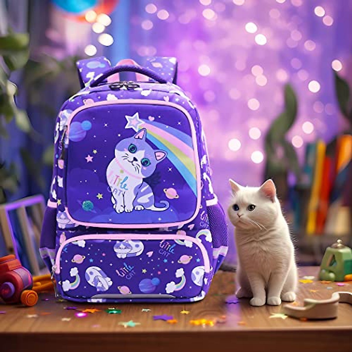 Moonmo Backpack for kids Backpack for Elementary Students, Waterproof Large Capacity School Bag Light Weight Backpack Primary School Backpack for girls (Purple cat)
