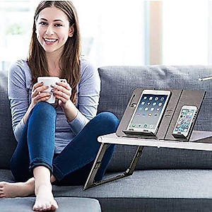Etable Foldable Laptop Bed Tray Tablet Charging Table Adjustable Lap Desk with Built-in 10000mAh Rechargeable Power Bank and LED Light - Portable Laptop Table Breakfast Food Table Reading Desk - Black