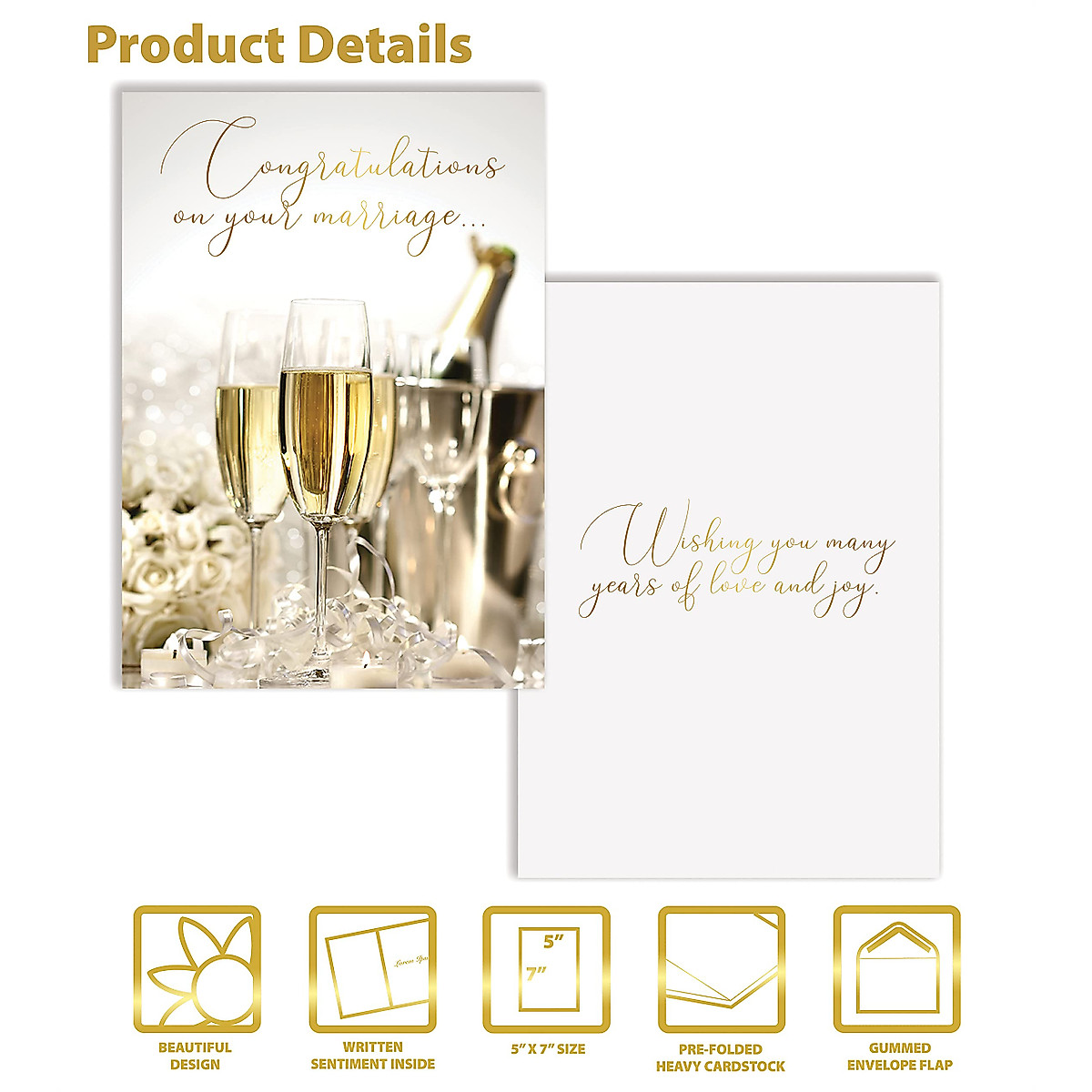 Better Office Products Wedding Congratulations Card with Metallic Gold Foil and Gold Shimmer Envelope, Classic 5 x 7 Inch Size, Heavy Cardstock, High Gloss Finish