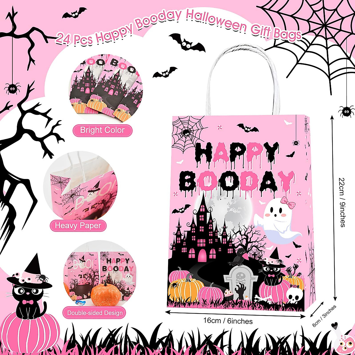 Lecheme Pink Halloween Paper Bags 24 PCS Happy Booday Halloween Candy Bags Halloween Treat Bags for Candy Trick Or Treat Birthday Gift Bags Halloween Party Favors