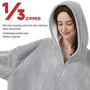 Beauty Shine Oversized Wearable Blanket Hoodie,Sherpa Hooded Blanket Adult as Birthday Gifts for Men Mom Women Girlfriend,Cozy Sweatshirt with Giant Pocket(Grey,Zipper)