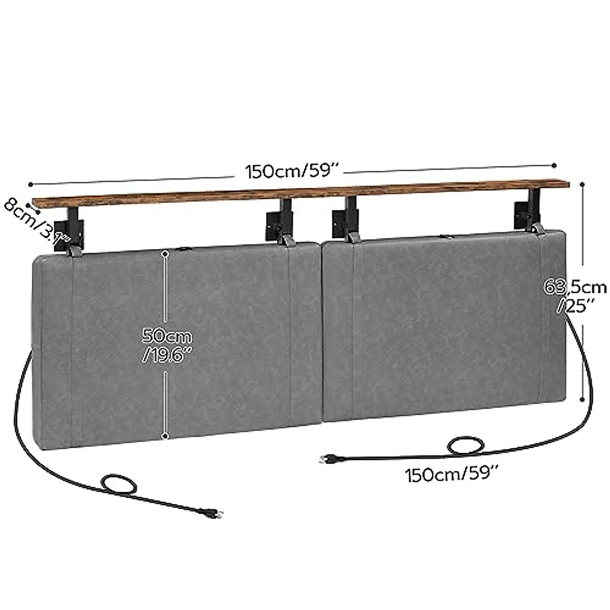 HOOBRO Queen Size Headboard, Wall Mount Hanging Headboard with 4 USB Ports and LED Light, PU Upholstery, Open Storage Shelf, for Bedroom, Bar, Dining or Entryway, Rustic Brown and Gray