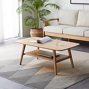 Vadisun 2-Tier Coffee Table with Storage Shelf, Natural Color 100% Solid Wood Table for Living Room, Elegant Furniture for Small Apartment (Natural, 39.37“ x 19.69” x 17.32“)
