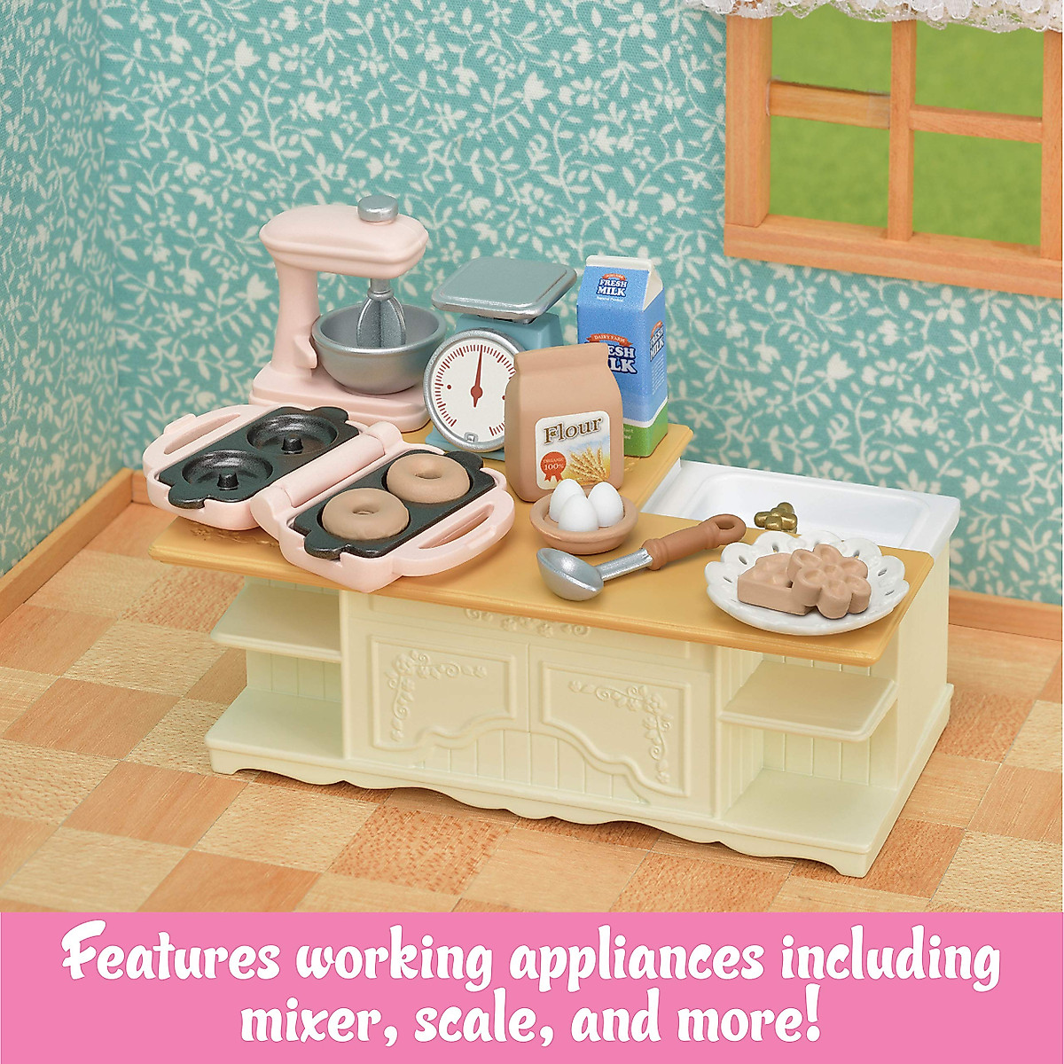 Calico Critters Kitchen Island - Toy Dollhouse Furniture and Accesories Set - Enhance Your Dollhouse with a Functional and Interactive Cooking Center
