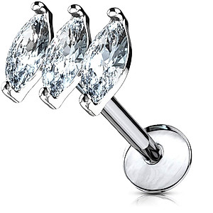 Forbidden Body Jewelry 16g Internally Threaded Surgical Steel Tri-CZ Top Cartilage Stud - 8mm Clear