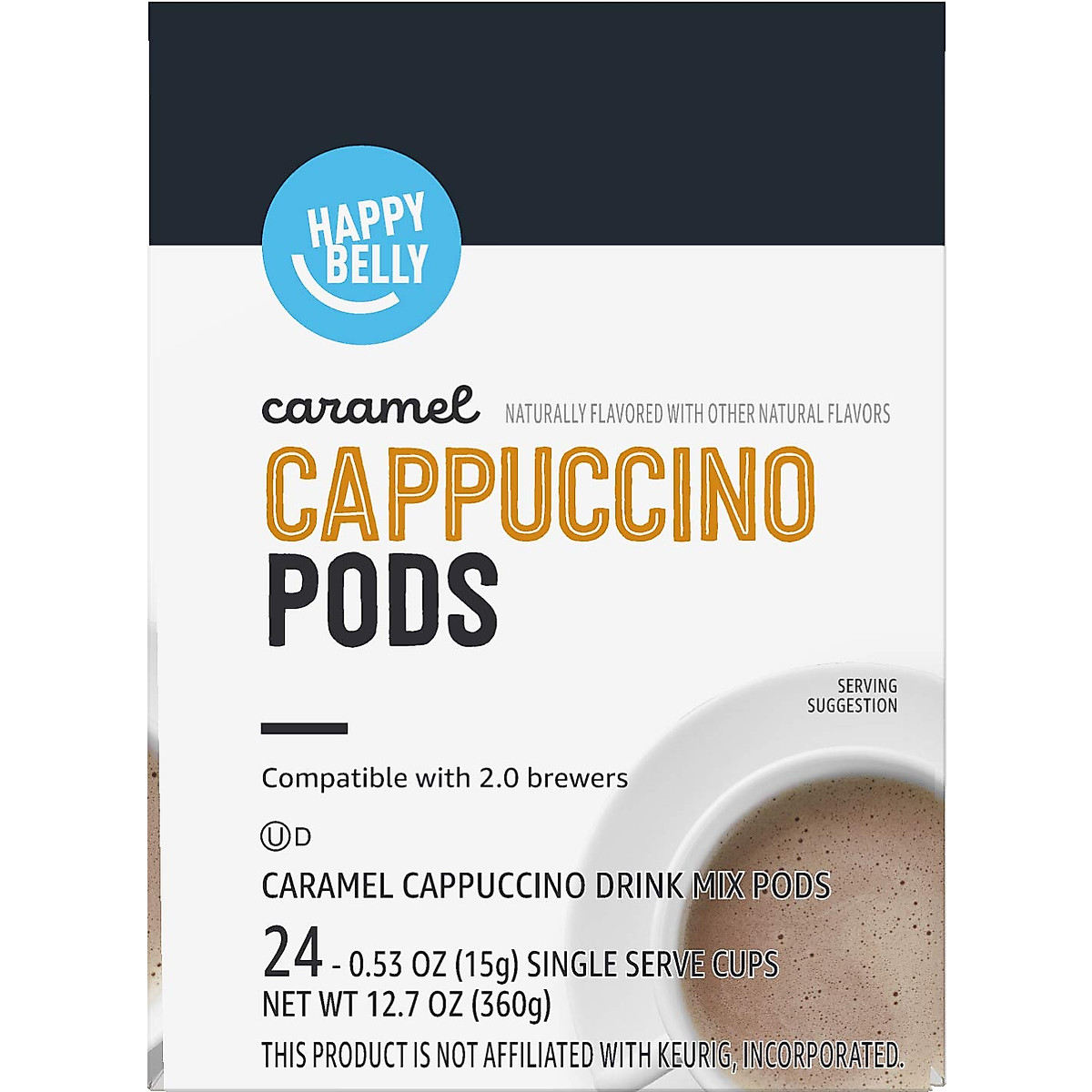 Amazon Brand - Happy Belly Cappuccino Coffee Pods Compatible with 2.0 K-Cup Brewers, Caramel Flavored, 24 Count