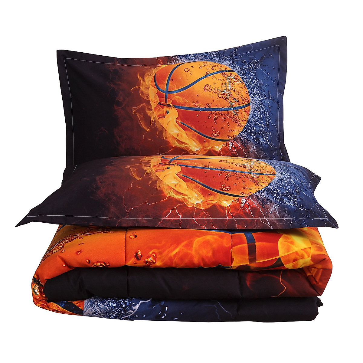 A Nice Night Basketball Print,with Fire and Ice Pattern, Comforter Quilt Set Bedding Sets, for Boys Kids Teen (Basketball, Full)