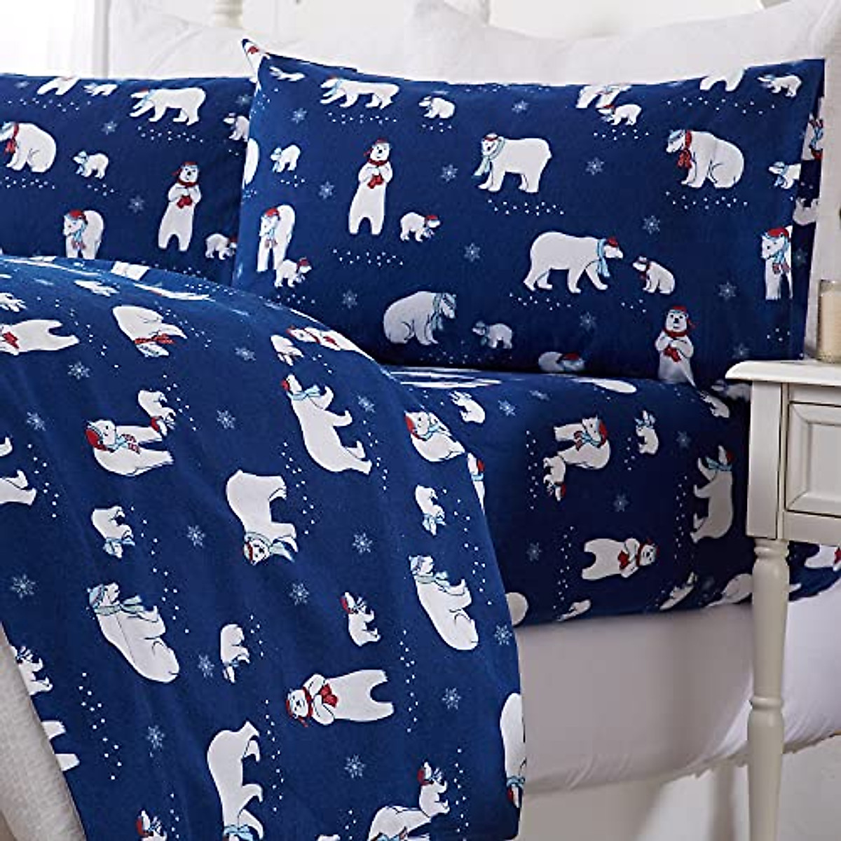 Great Bay Home Flannel Sheet Set Queen Size - 100% Turkish Cotton, Double-Brushed, Winter Bed Sheets - Ultra-Soft, Cozy, 4-Piece Rustic Bedding Set (Navy Polar Bears)