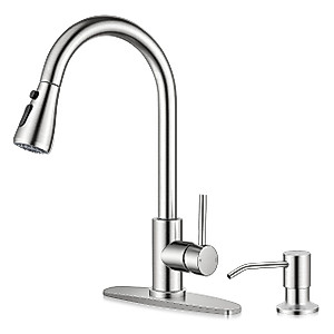Homikit Kitchen Sink Faucet with Pull Down Sprayer & Soap Dispenser, Brushed Nickel Stainless Steel Kitchen Faucet with Deck Plate, High Arc Single Handle Sink Faucet for Utility Rv Laundry