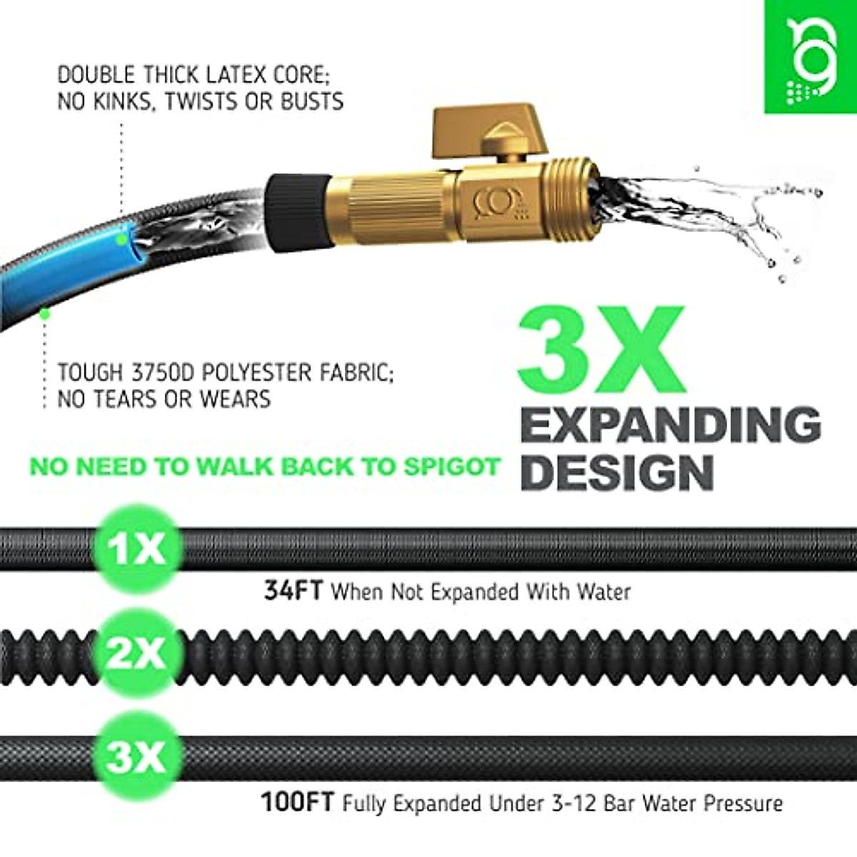 Nifty Grower Expandable Garden Hose 100FT - Hoses Expandable 100 FT Heavy Duty w/Double Latex Core - 100 Foot Hose w/Brass Fittings - Collapsible Hose 100FT