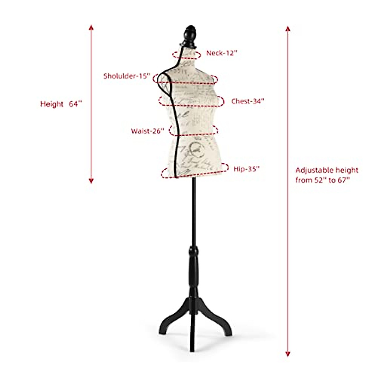 DRDINGRUI Standing Female Mannequin Body, Height Adjustable from 52'' to 67'', Pinnable Dress Form with Tripod Base for Dress Jewelry Display