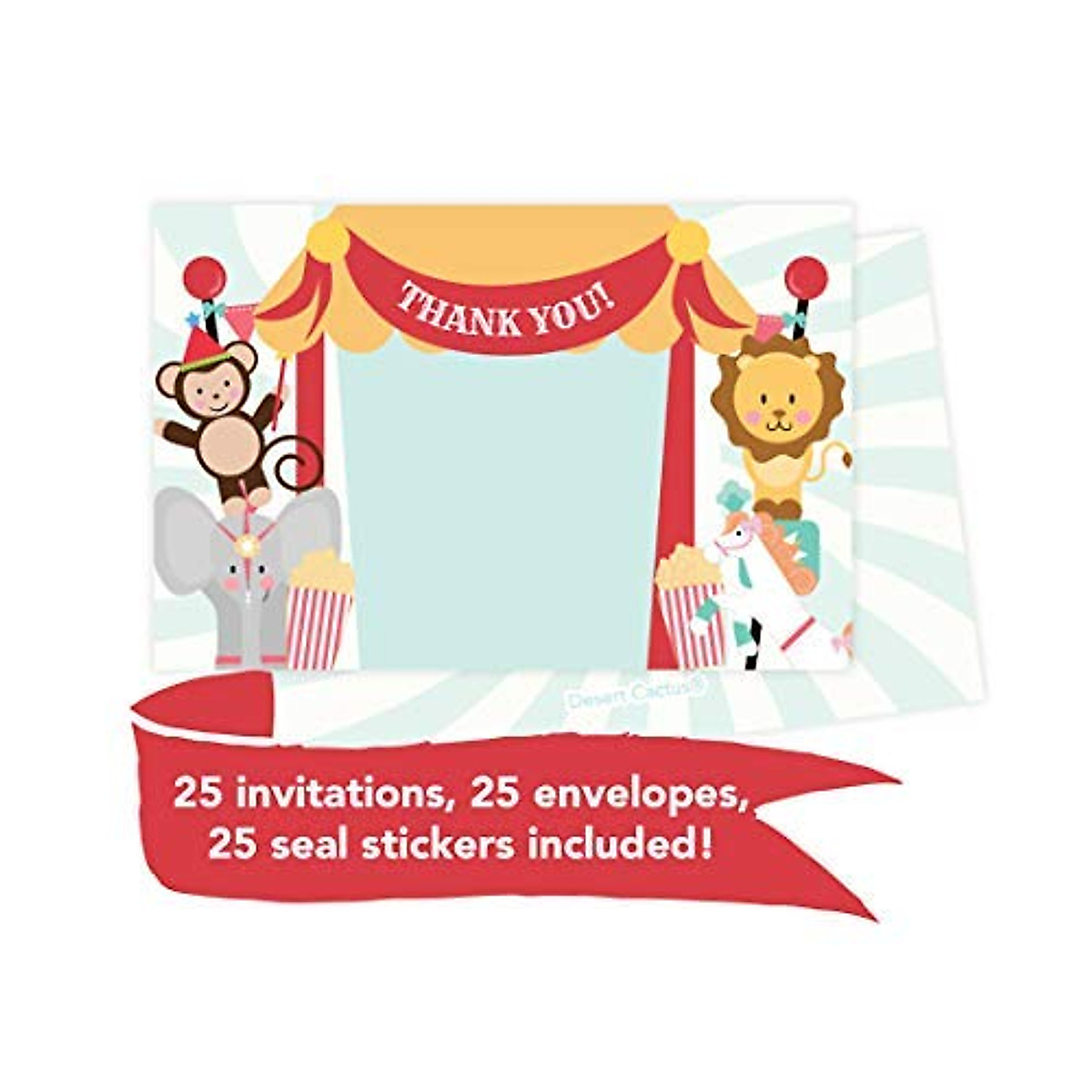 Desert Cactus Circus Carnival Thank You Cards (25 Count) With Envelopes Bulk Birthday Party Bridal Blank Graduation Kids Children Boy Girl Baby Shower (25ct)