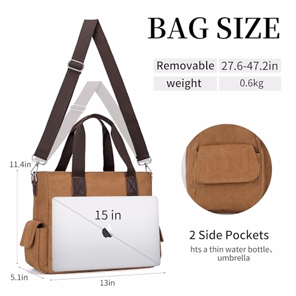 Canvas Messenger Bag for Men, 15 Inch Water Resistant Laptop Bag, Crossbody Bag for Work Office Travel Casual with Adjustable Shoulder Strap(Brown)