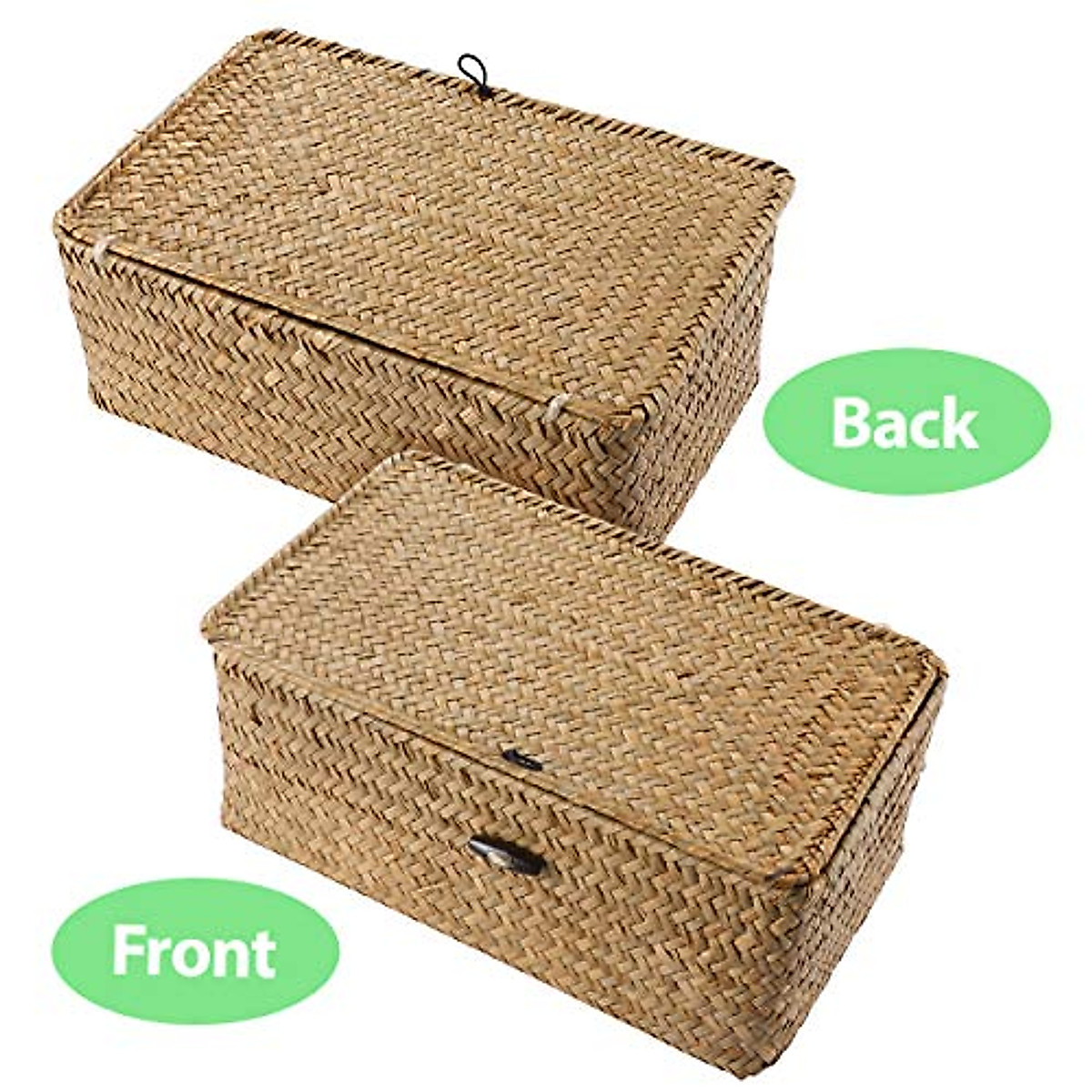 Hand Woven Rattan,Home Storage Basket Box with Lid & Removable Fabric Lined Interior, Seagrass Basketfor Shelf Organizer