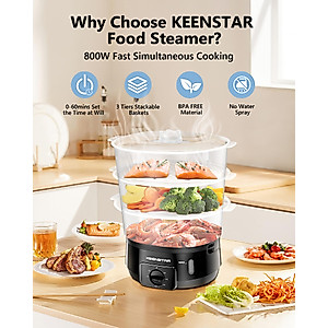 13.7QT Electric Food Steamer for Cooking, 3 Tiers Vegetable Steamer, 800W Fast Simultaneous Cooking, 60-Minute Timer, Veggies Steamer, Ideal for Fish Seafood Rice, BPA-Free Baskets(Black)