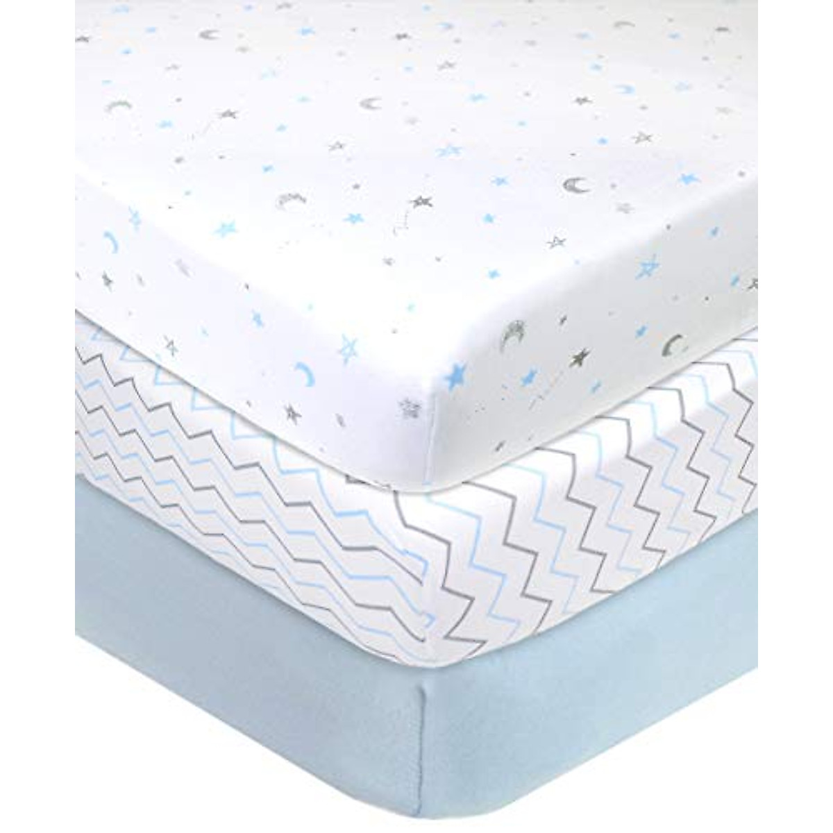 American Baby Company 3 Pack Printed 100% Natural Cotton Jersey Knit Fitted Pack N Play Playard Sheet, Blue Star/Zigzag, Soft Breathable, for Boys and Girls