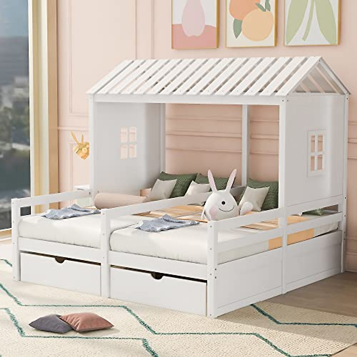 Merax Two Twin Size House Platform Beds with Large Drawers, Space Saving, No Box Spring Needed, White