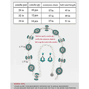 TOPACC Turquoise Concho Chain Belts for Women Western Cute Boho Teal Metal Cowgirl Country Concert Belt for Dresses Jeans