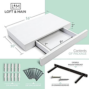 Floating Shelf with Drawer, Floating Nightstand for Bedroom 16” Wall Shelf, White Floating Shelf with Storage, Floating Shelf for Office Bathroom Floating Bedside Table (White Wood)