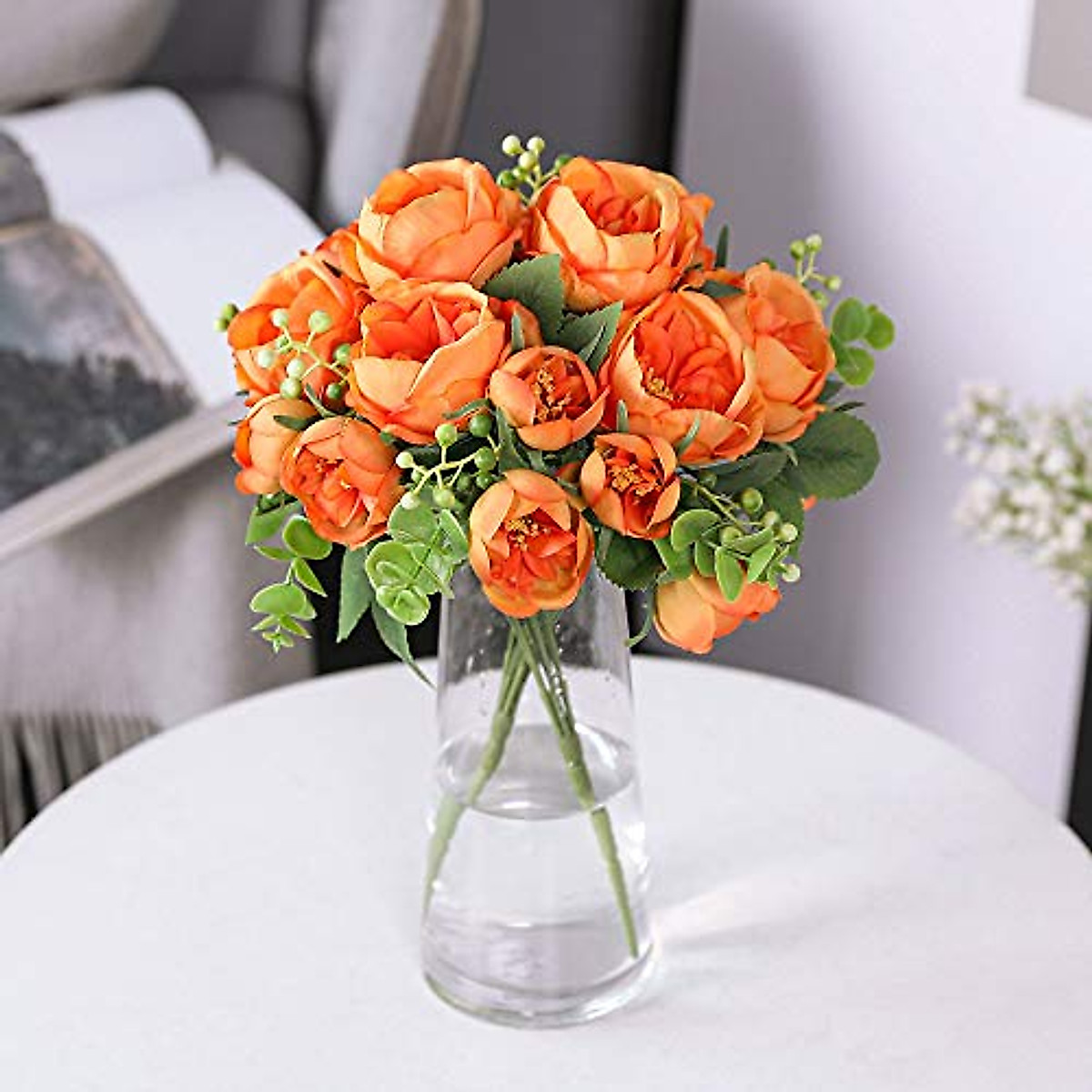 Nubry Artificial Flowers 2 Bunches Fake Peony Silk Flowers Arrangements with Eucalyptus Leaves Faux Realistic Bouquet for Wedding Decoration (Orange)